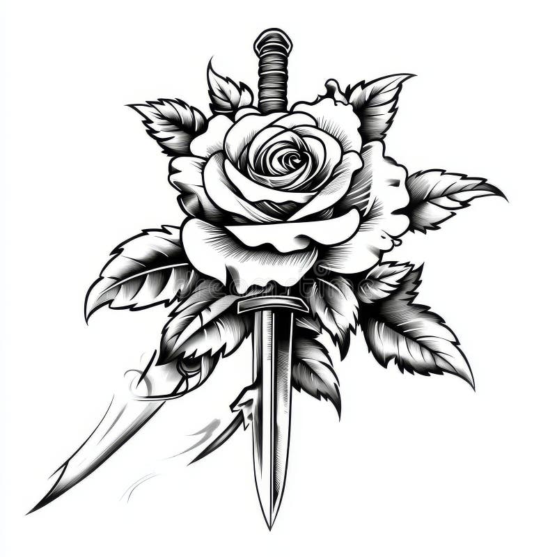 A Vintage-inspired Tattoo Featuring a Dagger through a Blossoming Rose ...