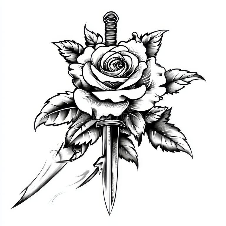 A Vintage-inspired Tattoo Featuring a Dagger through a Blossoming Rose ...