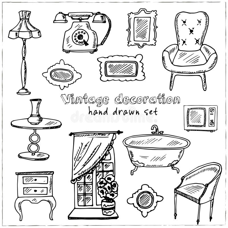 Vintage Interior Decoration Hand Drawn Doodle Set. Sketches. Vector ...