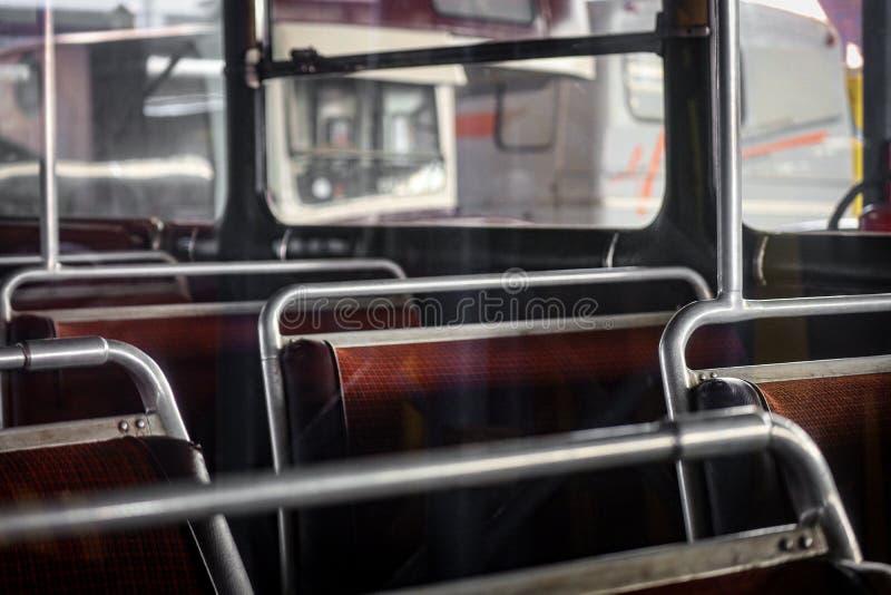 Vintage Interior of an Old Abandoned School Bus with Red Seats Stock ...