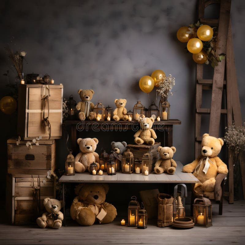 Vintage Interior with Teddy Bears and Candles. 3d Render Stock Vector ...
