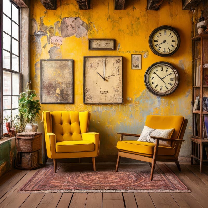 Vintage Interior with Yellow Armchair and Vintage Clock. 3d Rendering ...