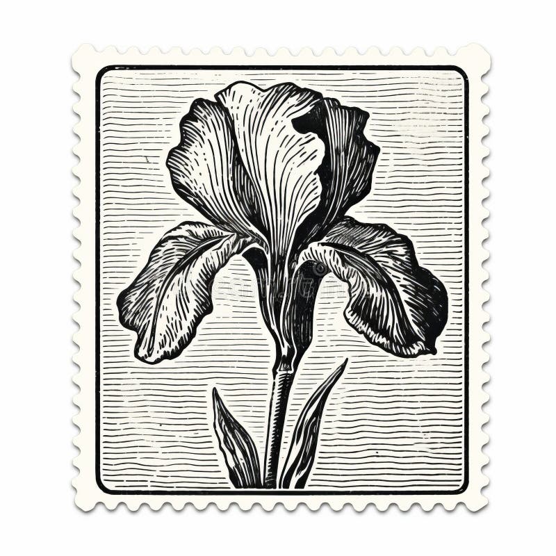 Minimalist Engraved Iris Postage Stamp Illustration on White Background ...