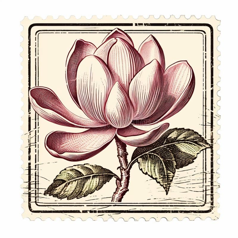 Vintage Isolated Old Print Stamp Magnolia White Background Stock ...
