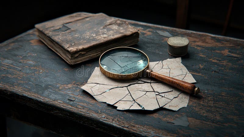 Vintage Items on a Rustic Desk Featuring an Old Book Magnifying Glass ...