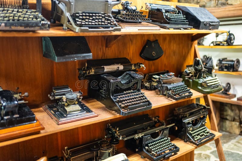 Vintage Items, Very Old Typewriters Displayed on Shelves. Stock Photo ...