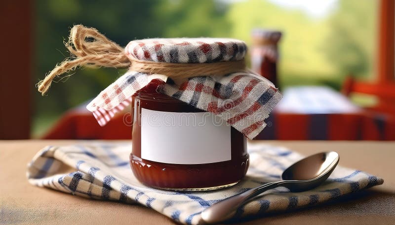 A Close-up View of a Vintage Jam Jar with a Blank Label and Checked ...