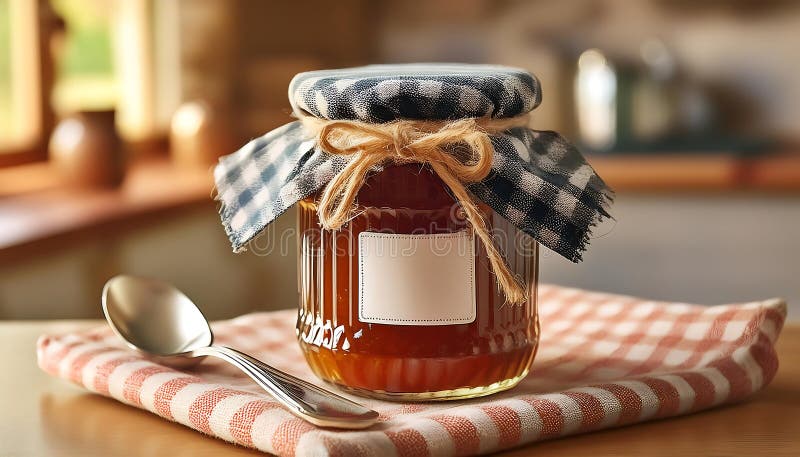Close-up of a Vintage Jam Jar with a Blank Label and Checked Fabric ...