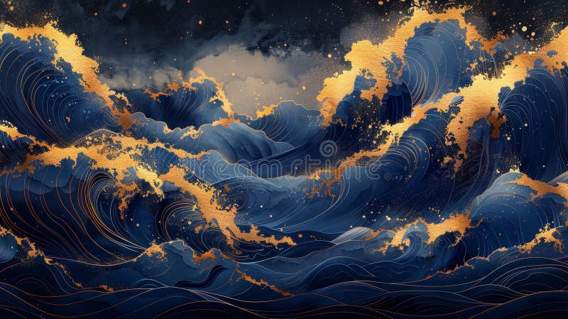 A Vintage Japanese Background with Hand Drawn Waves. Gold Line Pattern ...