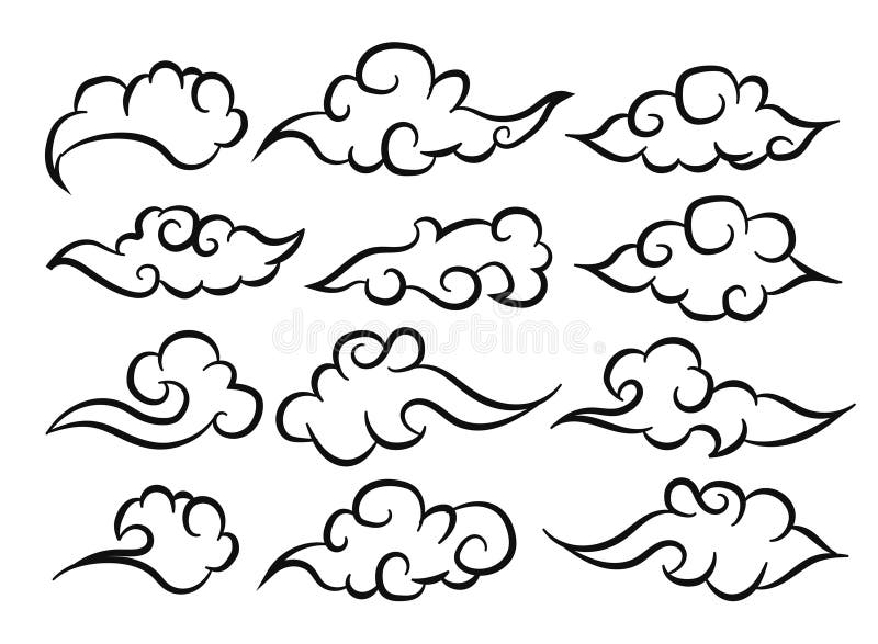 Vintage Japanese Style Cloud Line Drawing Collection Stock Vector ...