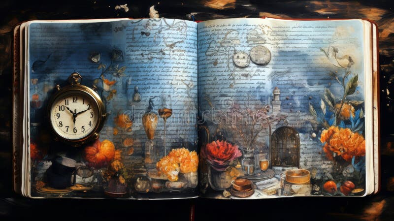 Vintage Journal with Clock and Floral Still Life Stock Illustration ...