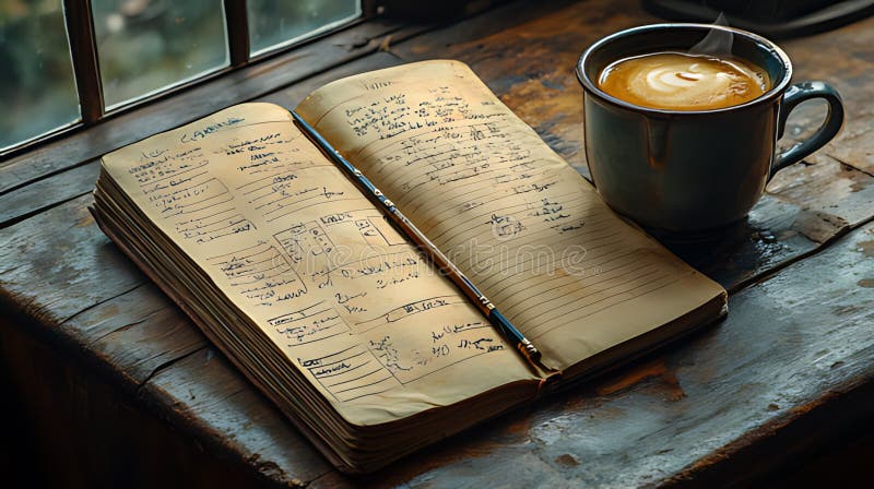A Vintage Journal with Handwritten Notes Open on a Wooden Table with a ...