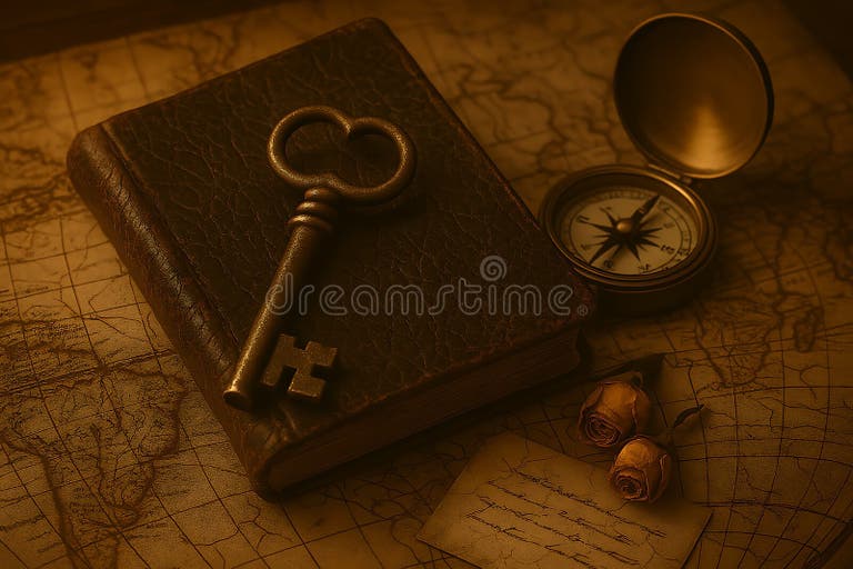 A Vintage Journal with Key and Compass on a Map Evokes a Sense of ...