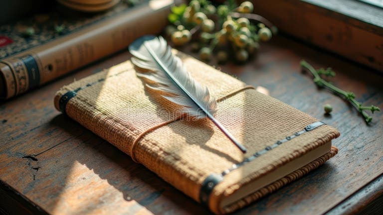 Vintage Journal with Quill on Wooden Table in Sunlit Study Stock Photo ...