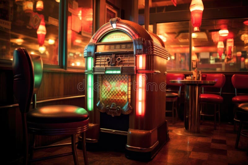 Vintage Jukebox Glowing in a Dimly Lit Diner Stock Illustration ...