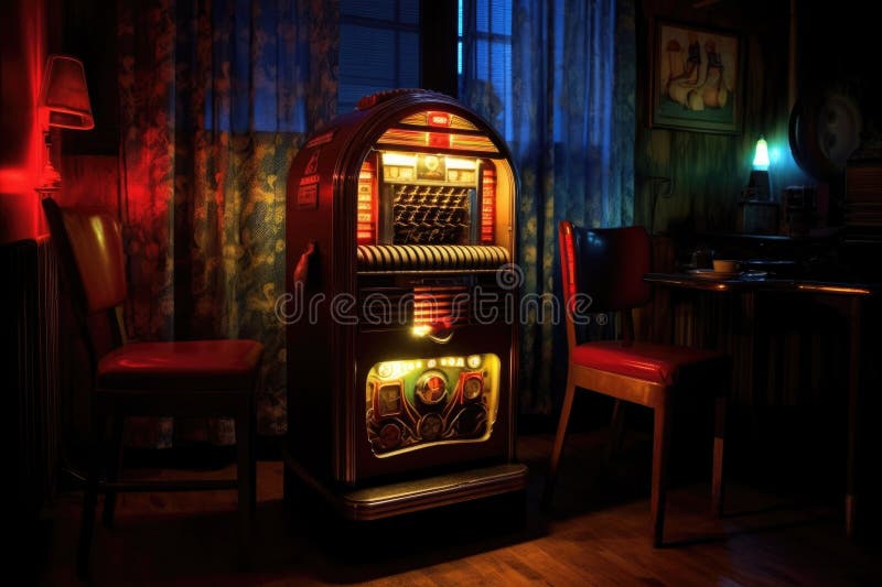 Vintage Jukebox Illuminated in Dimly Lit Room Stock Illustration ...