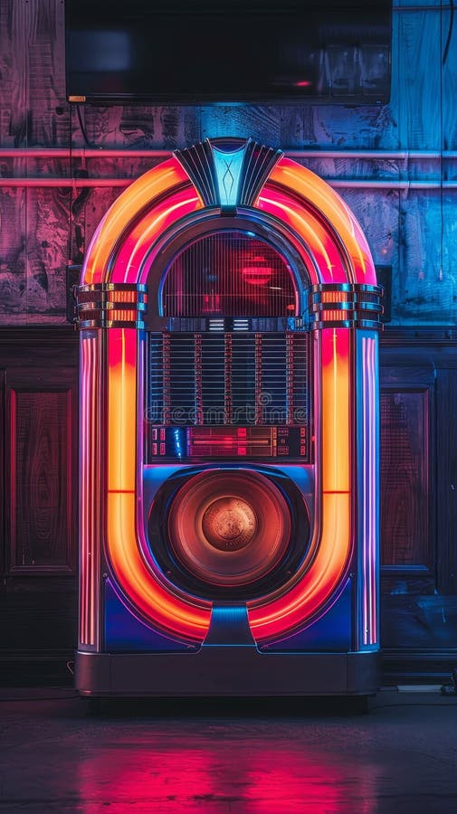 Vintage Jukebox Illuminated with Neon Lights Stock Illustration ...
