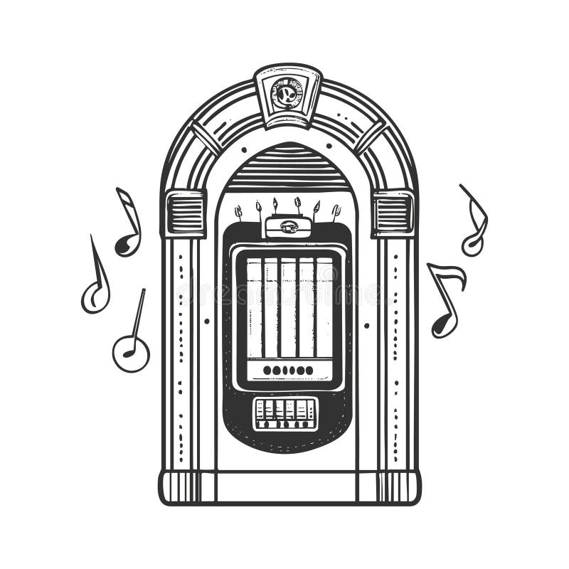 Vintage Jukebox Illustration with Musical Notes in a Retro Style. Stock ...