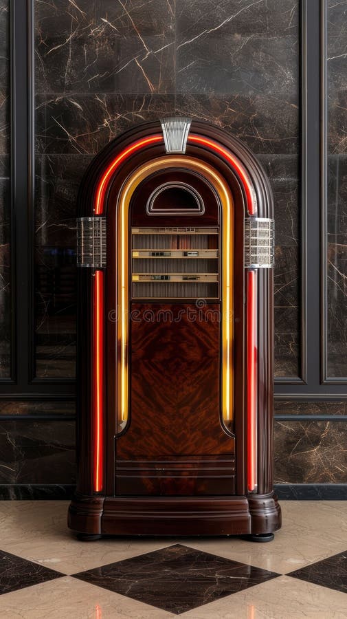 Vintage Jukebox with Neon Lights and Wood Paneling Stock Illustration ...