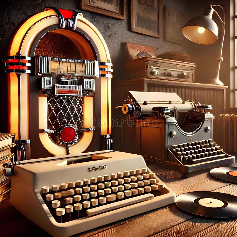 Vintage Jukebox and Typewriter in a Retro Office Setting Stock ...