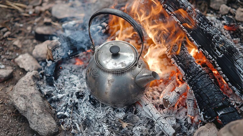 Vintage Kettle Boiling on Open Campfire in Rustic Outdoor Setting Stock ...