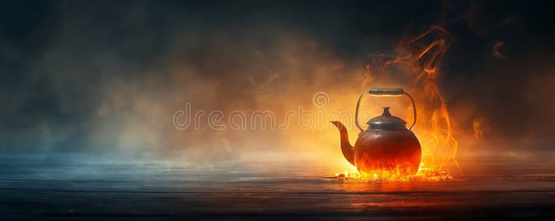 Vintage Kettle on Fire with Dramatic Lighting Stock Image - Image of ...