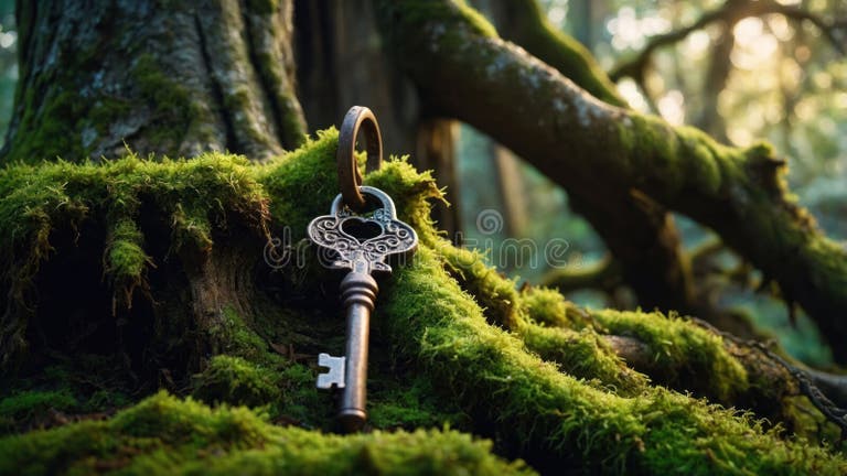 Antique Key on Mossy Tree Roots in Enchanting Forest Stock Illustration ...