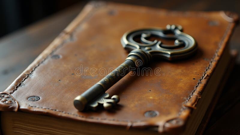 Vintage Key on Leather Book with Yellowed Pages Stock Illustration ...