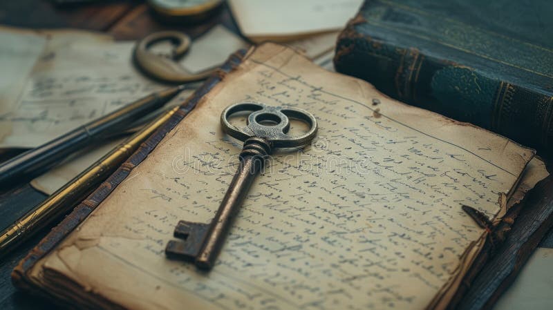 Vintage Key on an Old Manuscript and Books. Stock Image - Image of ...