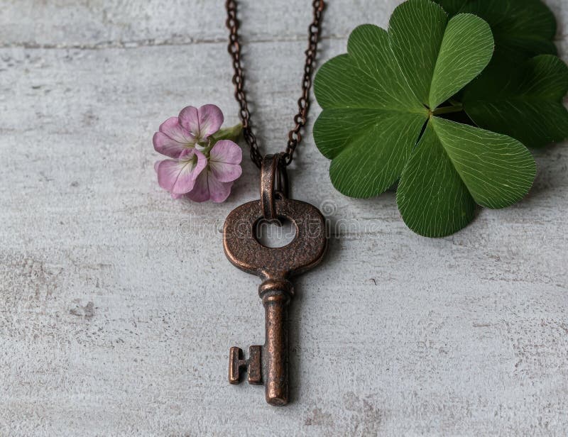 Vintage Key Pendant Necklace with Flower and Clover. Stock Illustration ...
