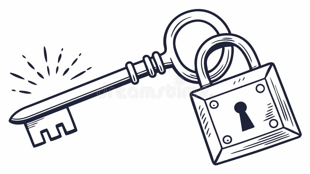Vintage Key Unlocking Padlock Access Security Solution Illustration ...