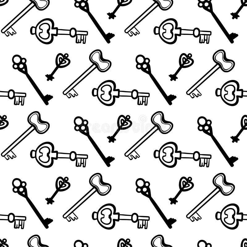Vintage Key Vector Seamless Pattern. Keys in Hand Draw Style. Black and ...