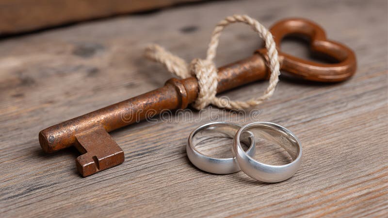 Vintage Key and Wedding Rings on Rustic Wooden Table: a Symbol of Love ...