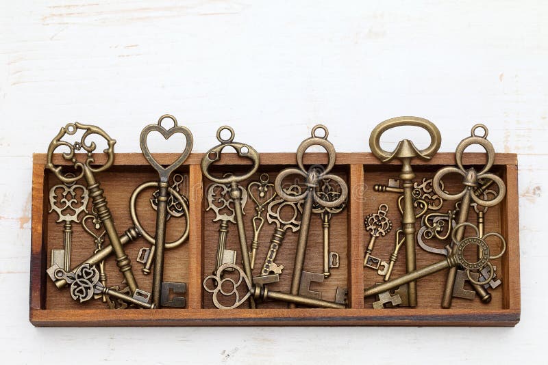 Vintage key in wooden box stock photo. Image of antique - 68232148