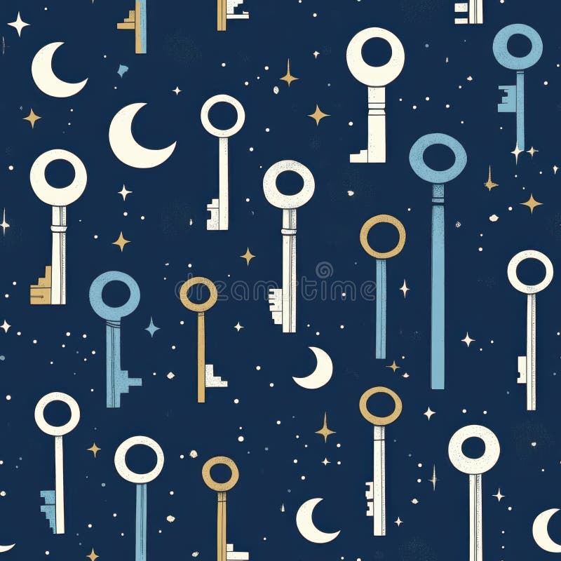 Vintage Keys and Celestial Moon Pattern on Dark Blue Background. Stock ...