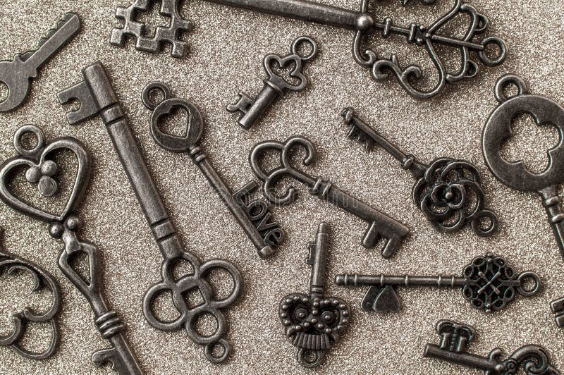 Vintage Keys Collection On Glittering Background Stock Photo - Image of ...