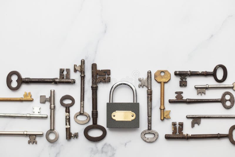 Vintage Keys and Padlock Overhead Lay Flat Composition. Security ...