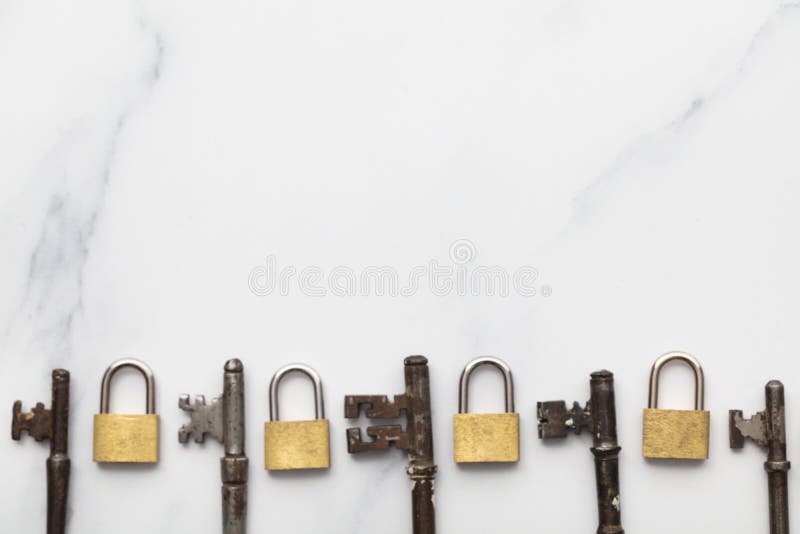Vintage Keys and Padlocks Overhead Lay Flat Composition. Security ...