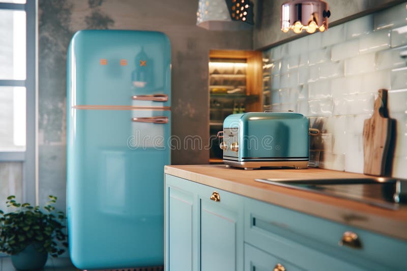 Vintage Kitchen with Blue Retro Refrigerator and Toaster in a Cozy ...