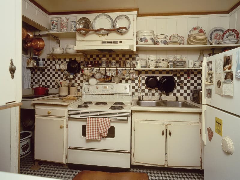 Vintage Kitchen with Checkered Backsplash Stock Image - Image of cups ...