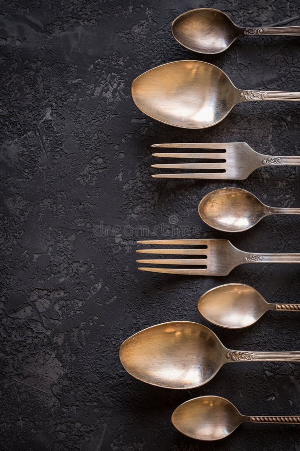 Vintage Kitchen Cutlery on Stone Table, Top View. Stock Photo - Image ...