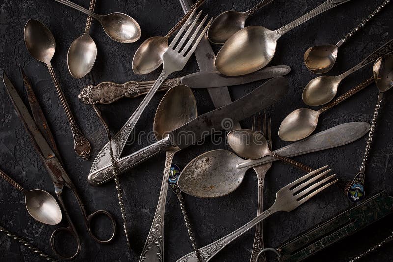 Vintage Kitchen Cutlery on Stone Table, Top View. Stock Photo - Image ...