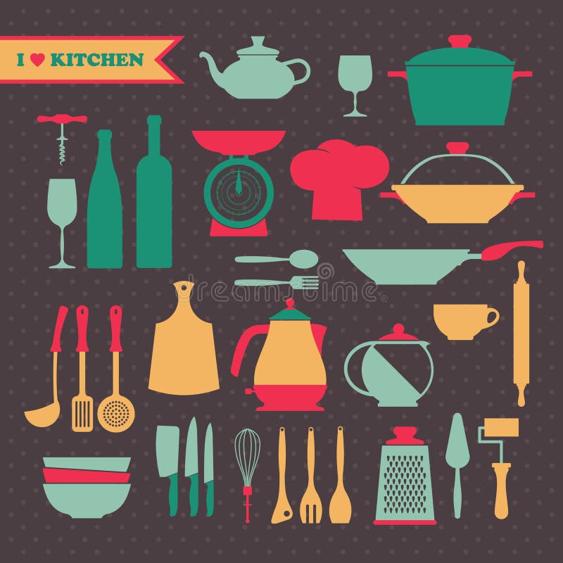 Vintage Kitchen Dishes Icons Set Stock Vector - Illustration of plate ...