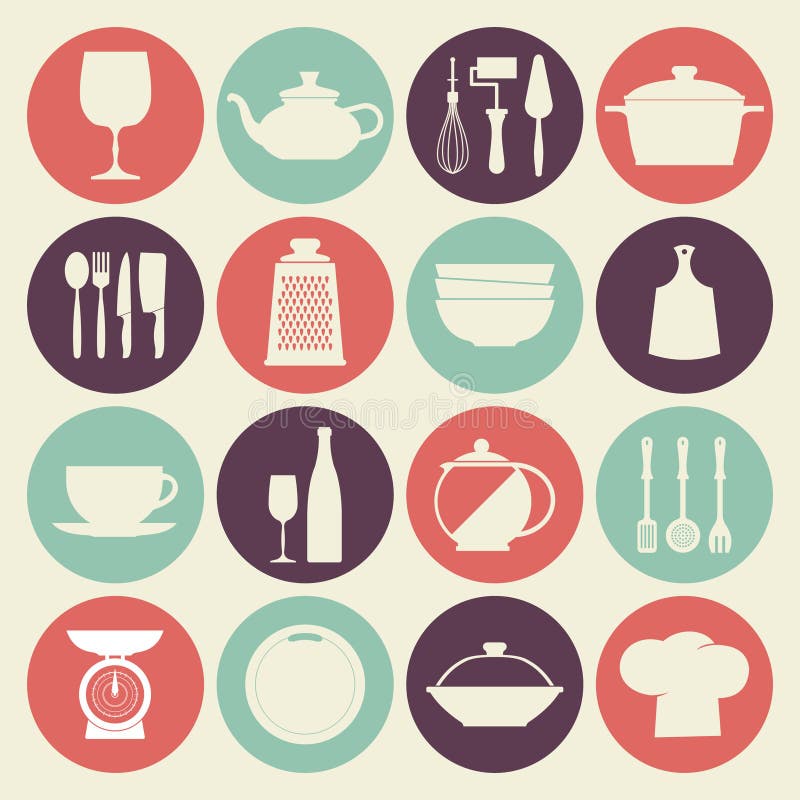 Vintage Kitchen Dishes Icons Set Stock Vector - Illustration of plate ...