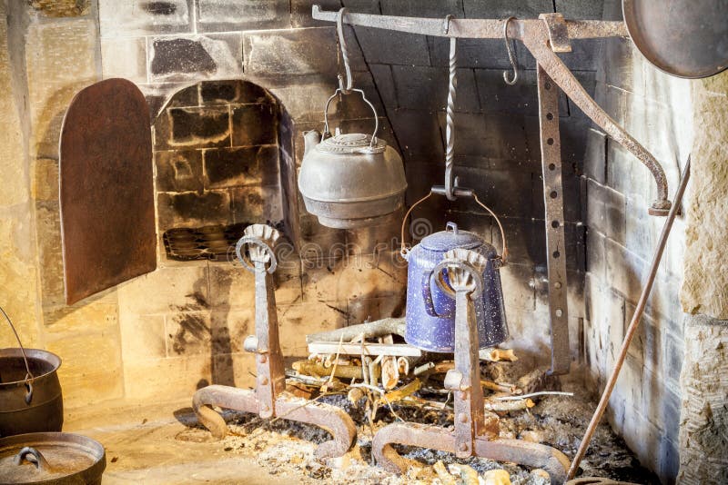 Vintage Kitchen, Fireplace and Kitchen Utensils Stock Image - Image of ...