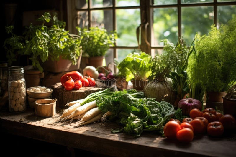 Vintage Kitchen Scene with Fresh Vegetables on a Rustic Table ...