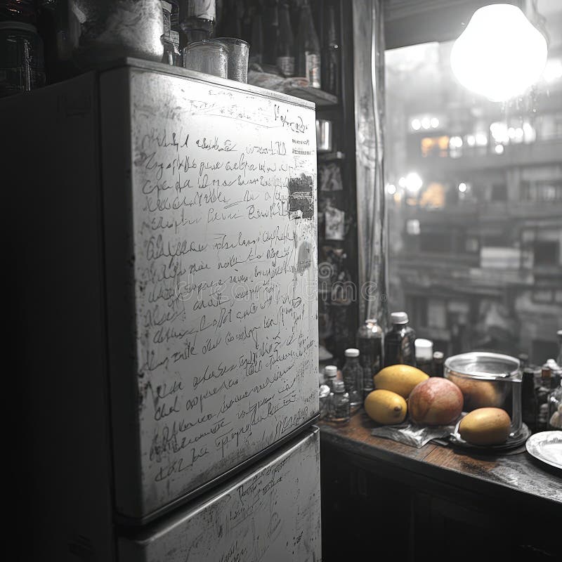Vintage Kitchen Scene with Handwritten Notes on Fridge Stock Photo ...