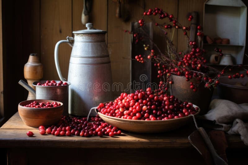 Vintage Kitchen Scene with Heaped Red Berries in Bowls, an Old Pitcher ...