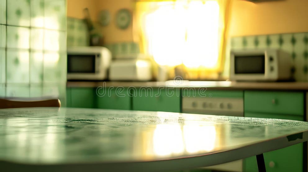 Vintage Kitchen with Table in Foreground. Defocused, Retro Style ...