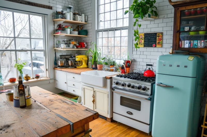 Cozy Retro Kitchen Interior Stock Illustration - Illustration of wood ...